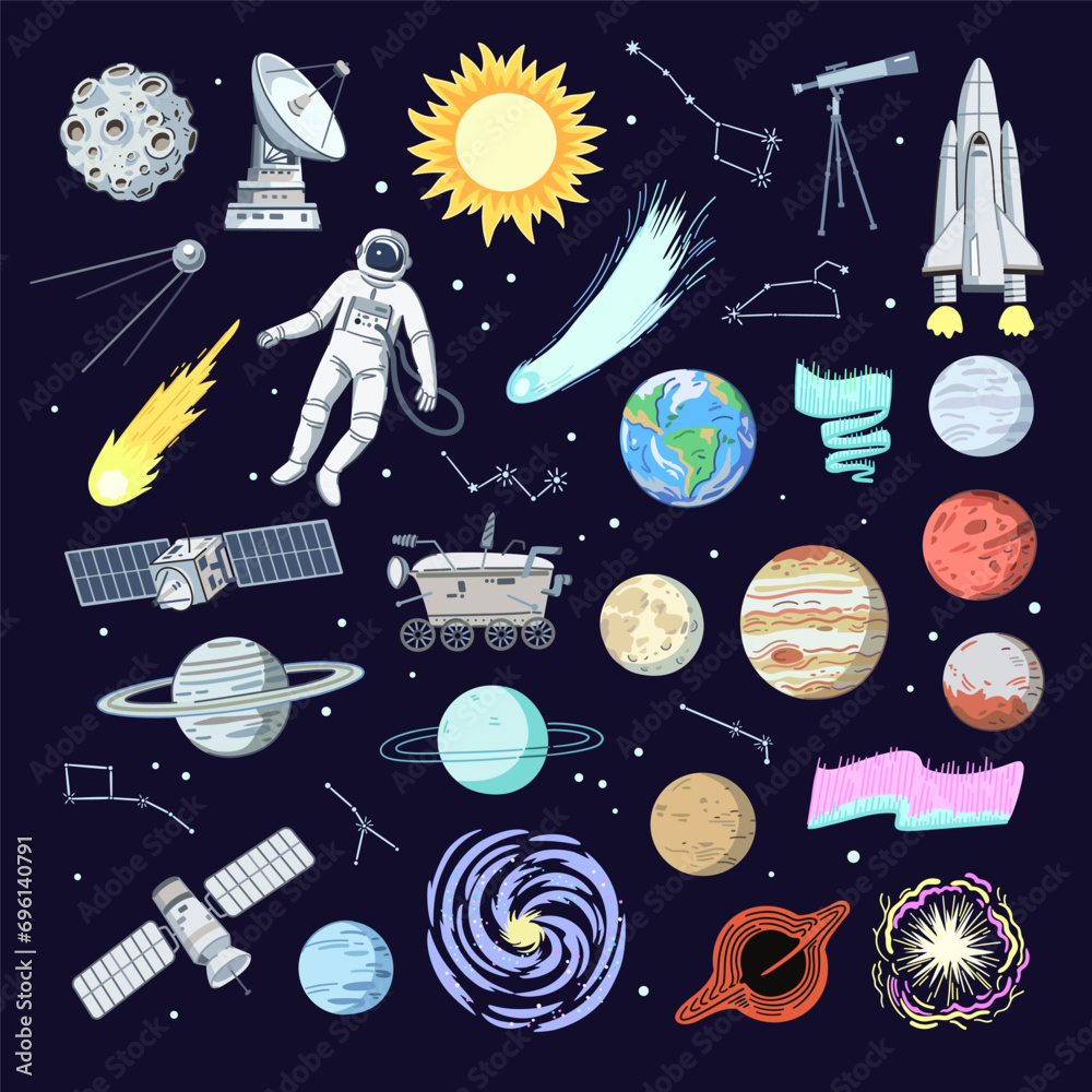 Big set of space elements, planets, rocket, satellites and telescope ...