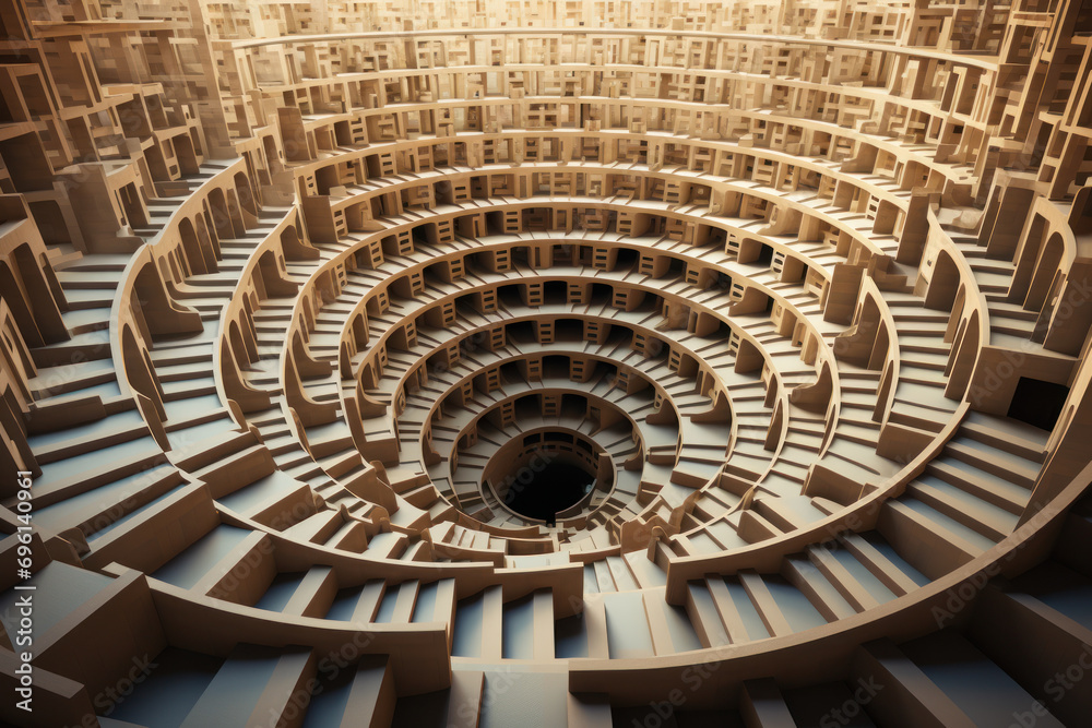 A visually confusing scene of an Escher-like staircase, forming an ...