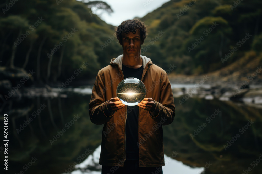 A surreal scene of a person holding a mirror reflecting their own ...