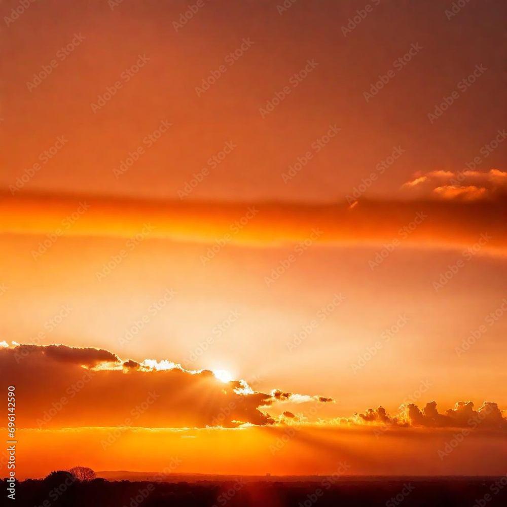 Bello atardecer en color naranja intenso. Rayos del sol detras de nubes ...