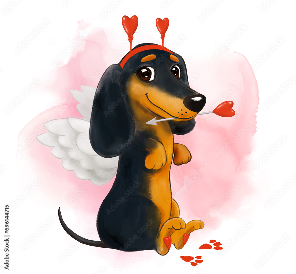 Cute Dachshund dog with wings, wearing a heart shape diadem, holding ...