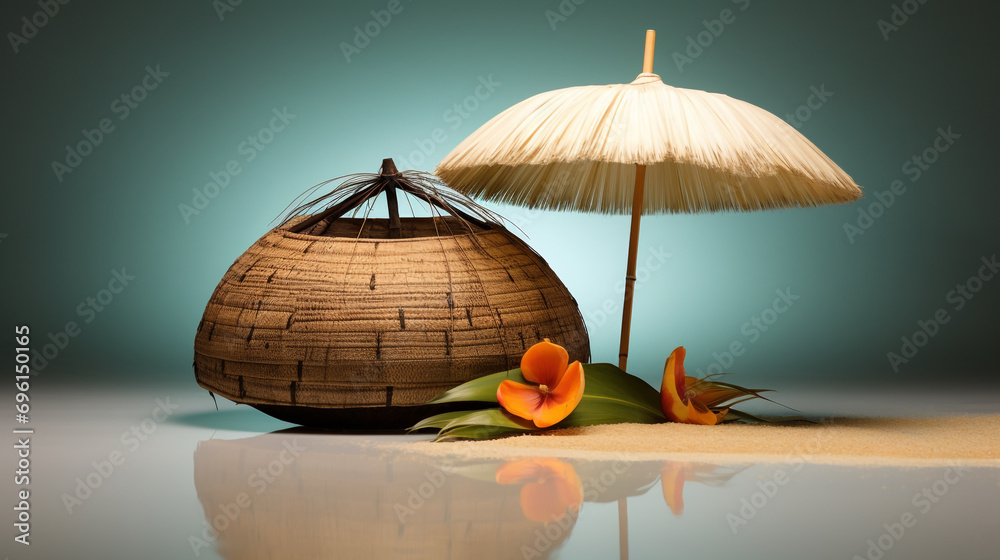 a coconut shell with a straw and a colorful umbrella, creating a ...