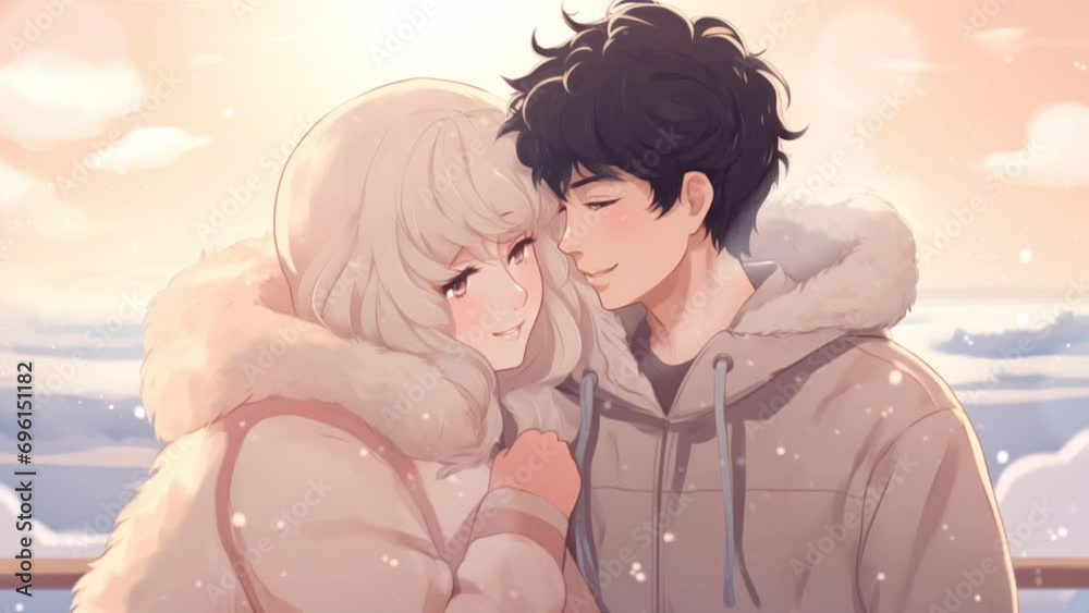 Vidéo Stock Lofi winter anime girl, cuddling with boyfriend while ...