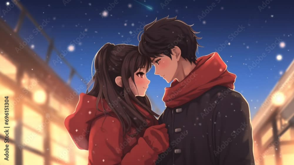 anime girl, cuddling with boyfriend while snowing. seamless looping ...