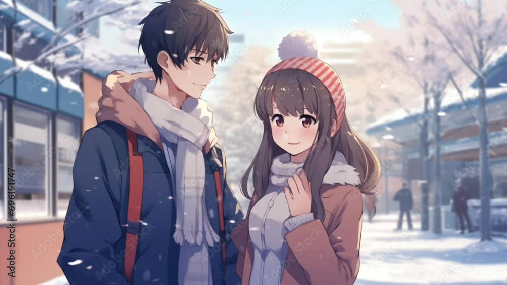Vidéo Stock Lofi winter anime girl, cuddling with boyfriend while ...