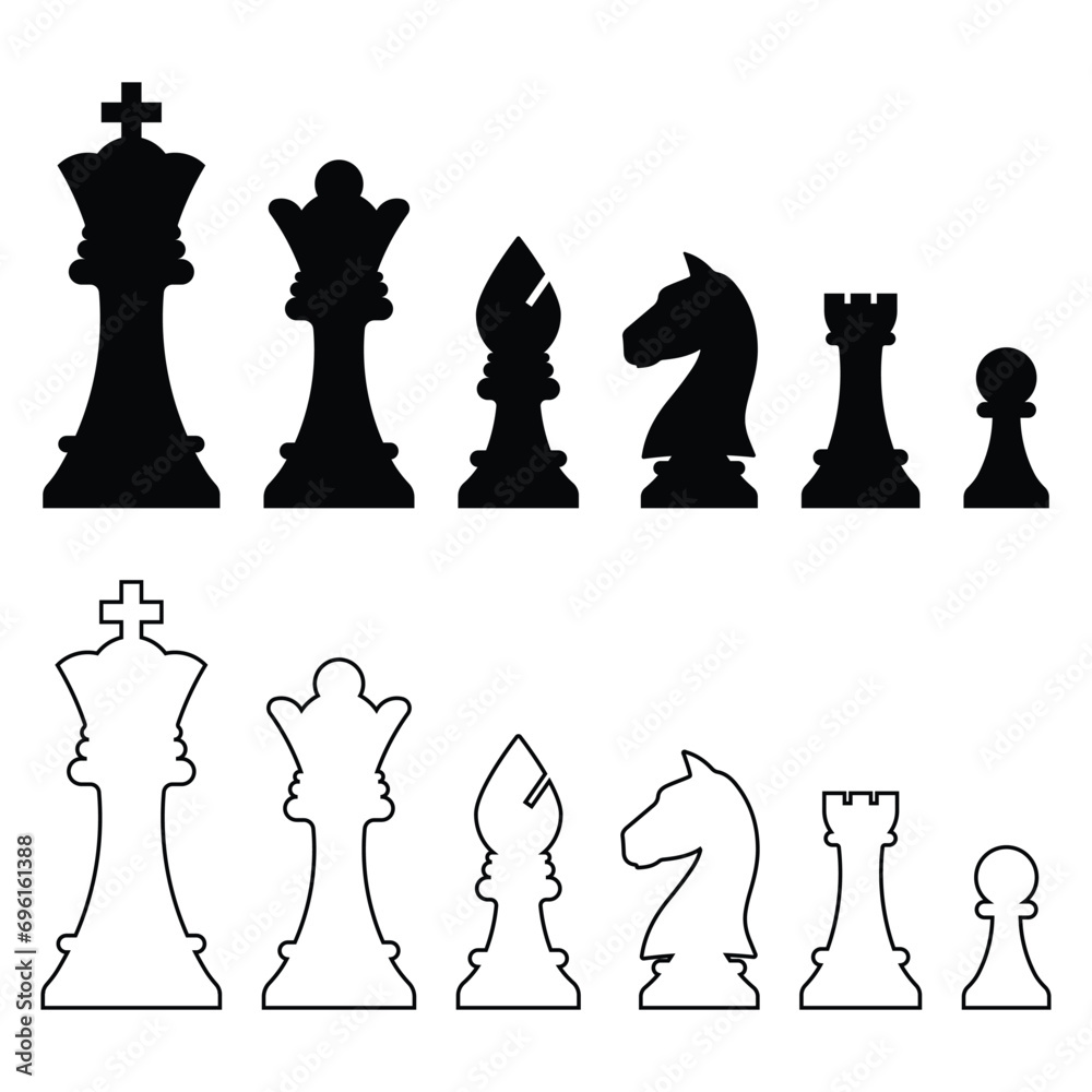 Chess piece icons set. Board game. Black silhouettes illustration ...