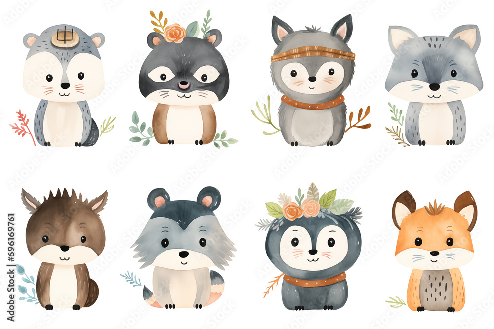 Watercolor of cute American Indian with animals such as a rabbit, bear ...