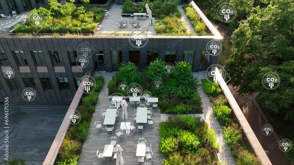 CO2 icon over aerial view of rooftop garden in American city. ESG and ...