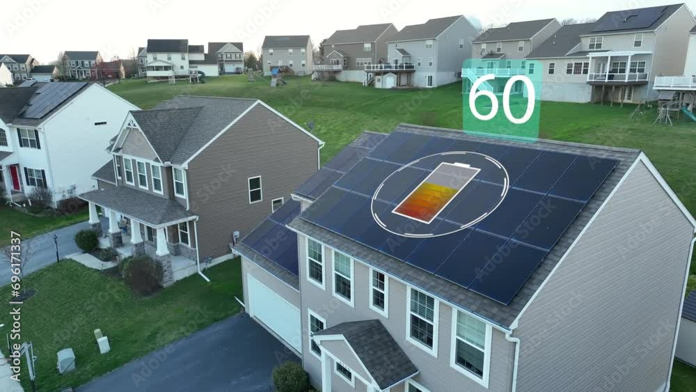 Rooftop solar panel array on American home. Motion graphic illustration ...