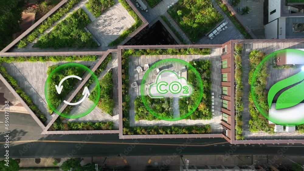 Green rooftop garden in urban city. Recycle, CO2 reduction, green space ...