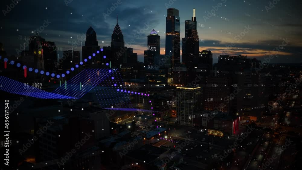 Stock market trends overlaid with cityscape. American city skyline at ...
