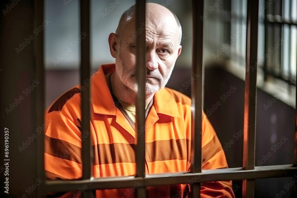 A middle-aged prisoner in an orange uniform sits in a prison cell. The ...