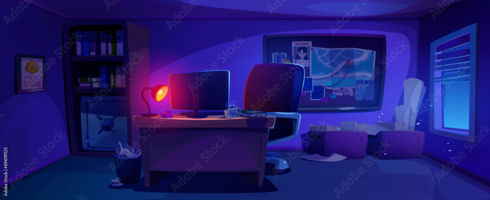 Detective office or police room interior with furniture at night ...
