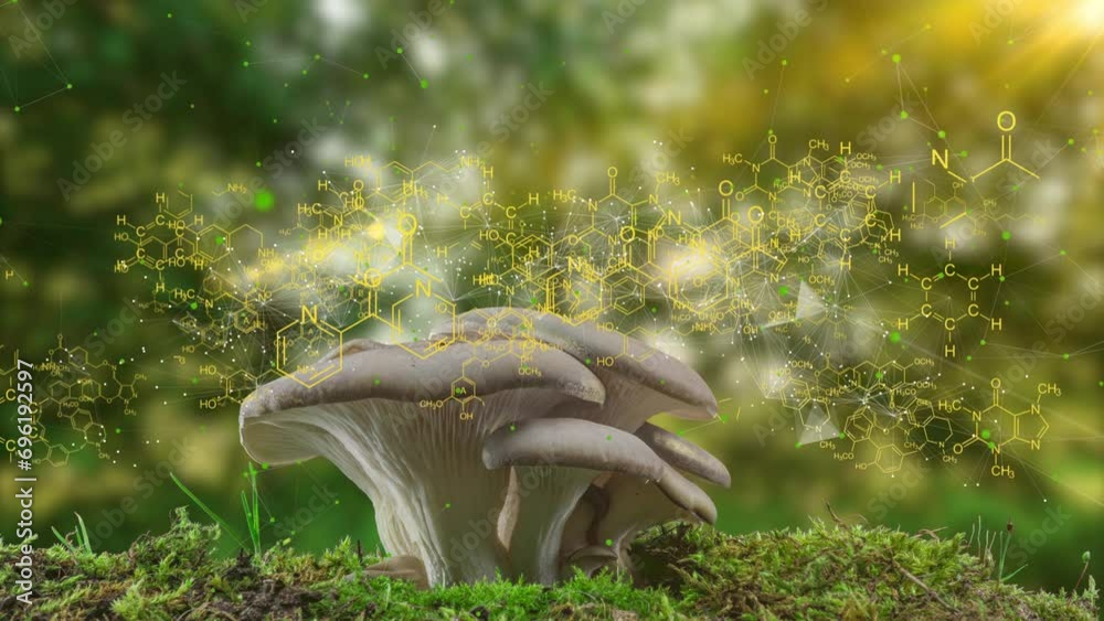 Growing oyster mushrooms, chemical formulas moving in space, the ...