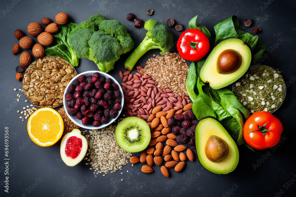 Display fruits, vegetables, seeds, superfoods, cereals, and leafy ...