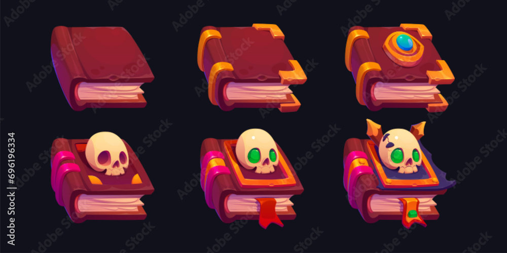 Magic book game level rank ui assets. Cartoon set of evolution stages ...