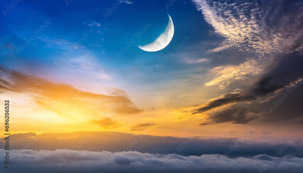 Muslim half moon and soft sunset at Arab night over the city. Light in ...