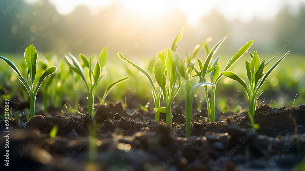 little corn sprouts coming up out of the grown in a farmer's field ...