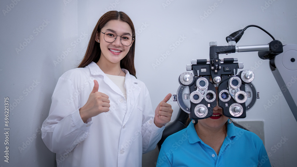 Woman optical shop customer doing eyesight measurement with optical ...
