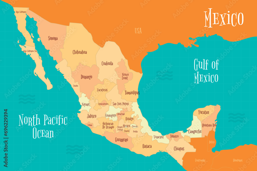 Mexico map with city name and hand drawn style illustration Stock ...