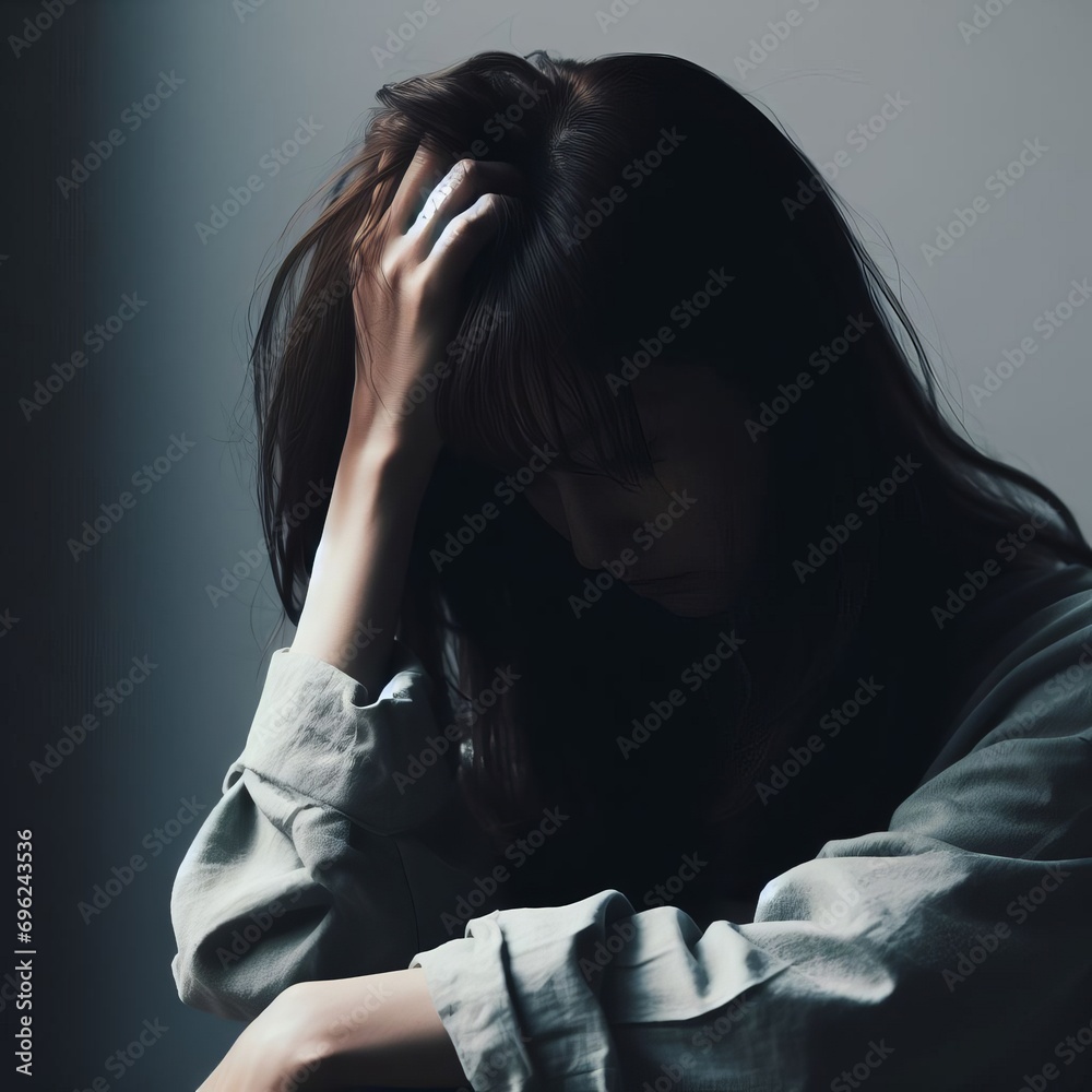 The girl is in the shadows, her face is hidden, the girl is stressed ...