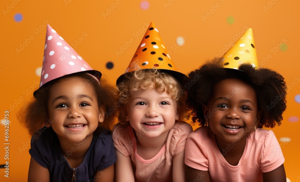 Celebrate with us! Happy kids wearing party hats pose for a picture ...
