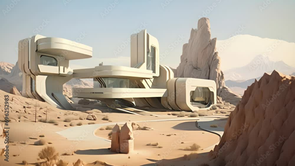 Retro futuristic architecture in sci-fi scene on the desert planet ...