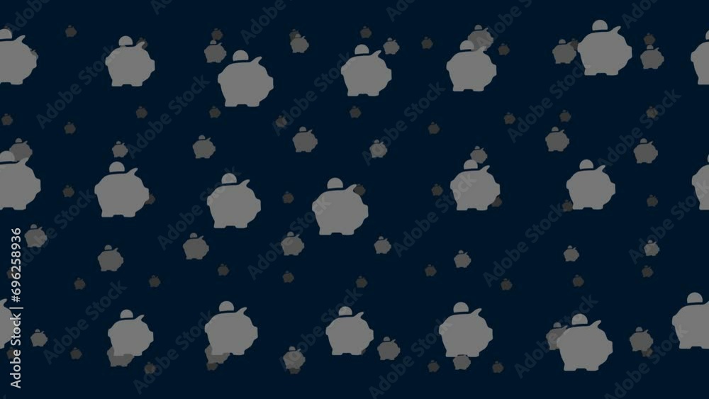 Piggy bank symbols float horizontally from left to right. Parallax fly ...