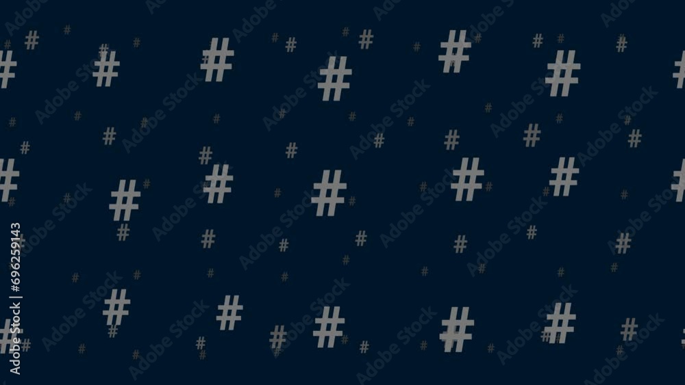 Hash symbols float horizontally from left to right. Parallax fly effect. Floating symbols are ...