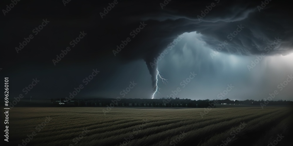 Black tornado funnel and lightning over field during thunderstorm ...