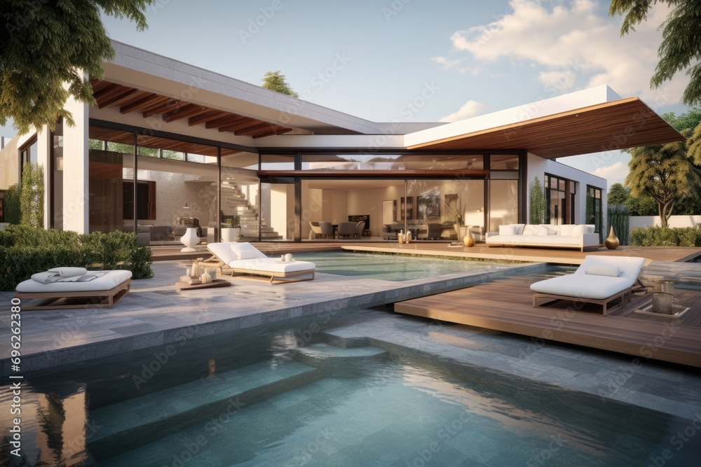 3d rendering of modern house with swimming pool and beautiful ...