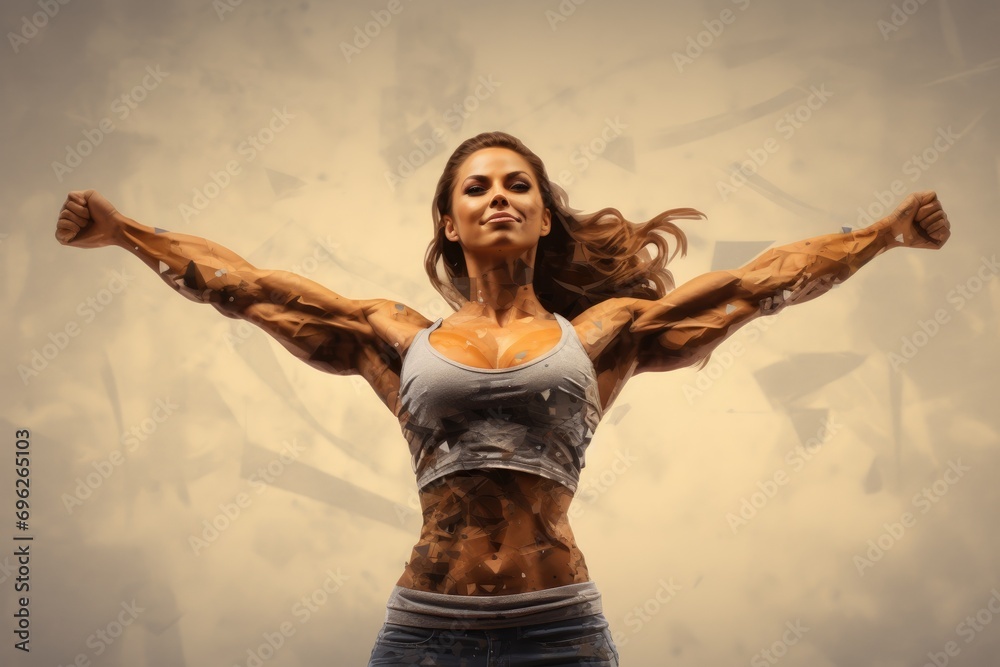 Portrait of a beautiful fitness woman flexing her muscles over grunge ...
