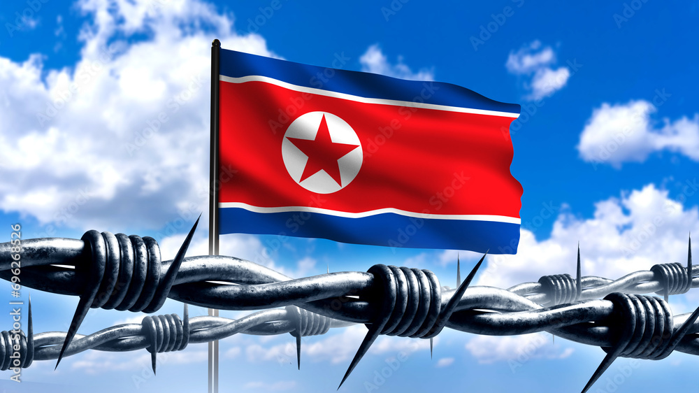 North Korean flag behind barbed wire. Sanctions pressure on DPRK ...