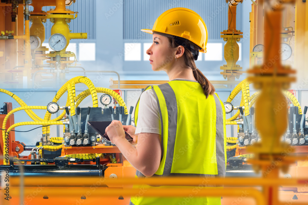 Woman employee of chemical factory. Engineer among gas pipes. Worker of ...