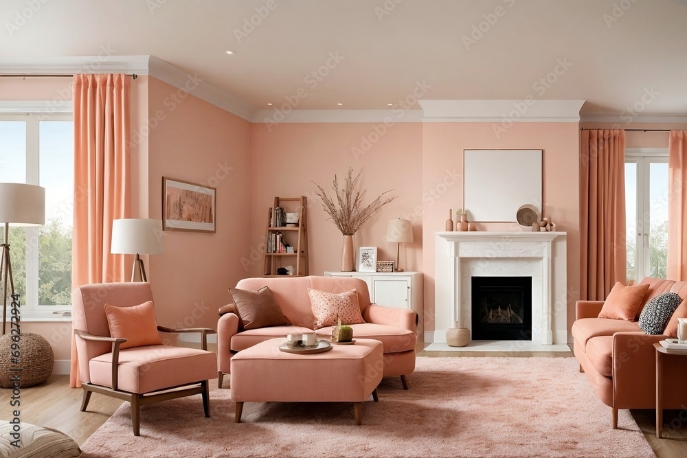 Peach fuzz living room interior design. Cozy living room with peach ...