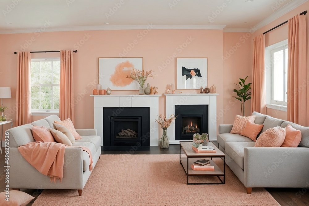 Peach fuzz living room interior design. Cozy living room with peach ...