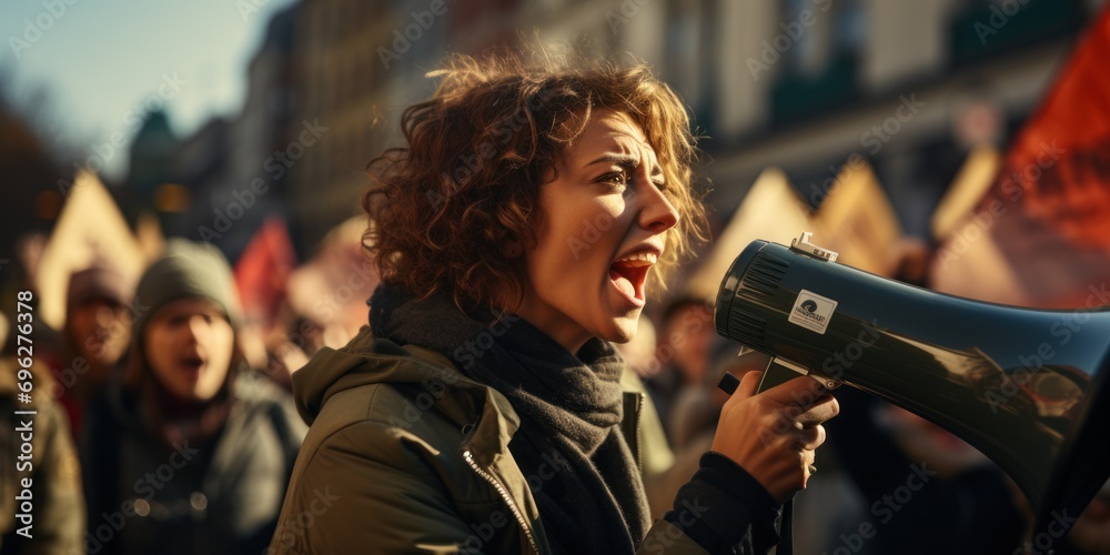 Female activist angry shouting for her cause among people demonstration ...