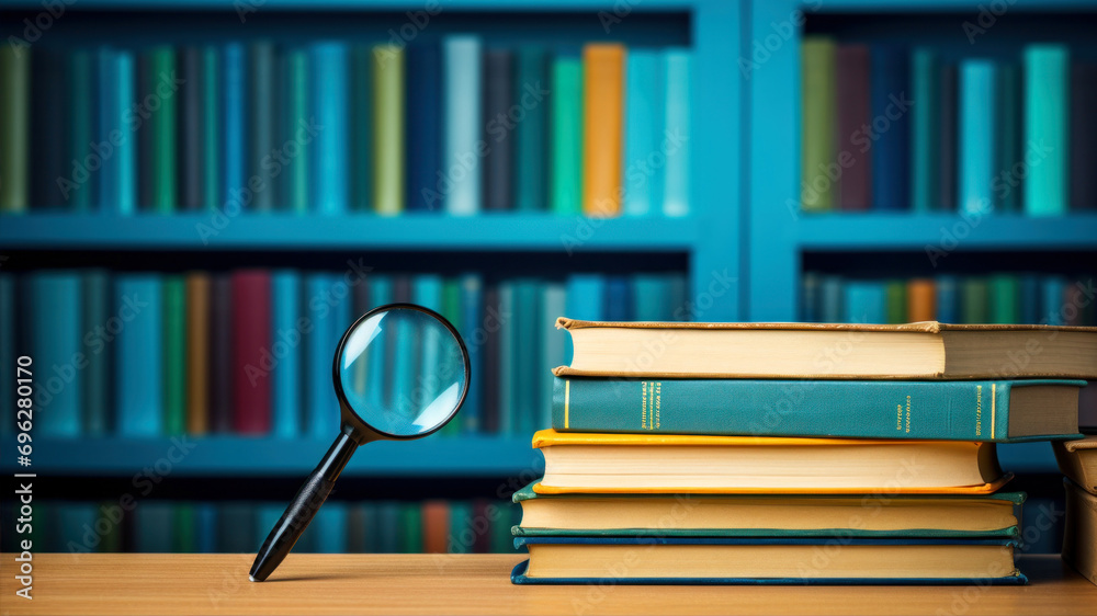 Books and magnifying glass on table against bookshelf in library Stock ...