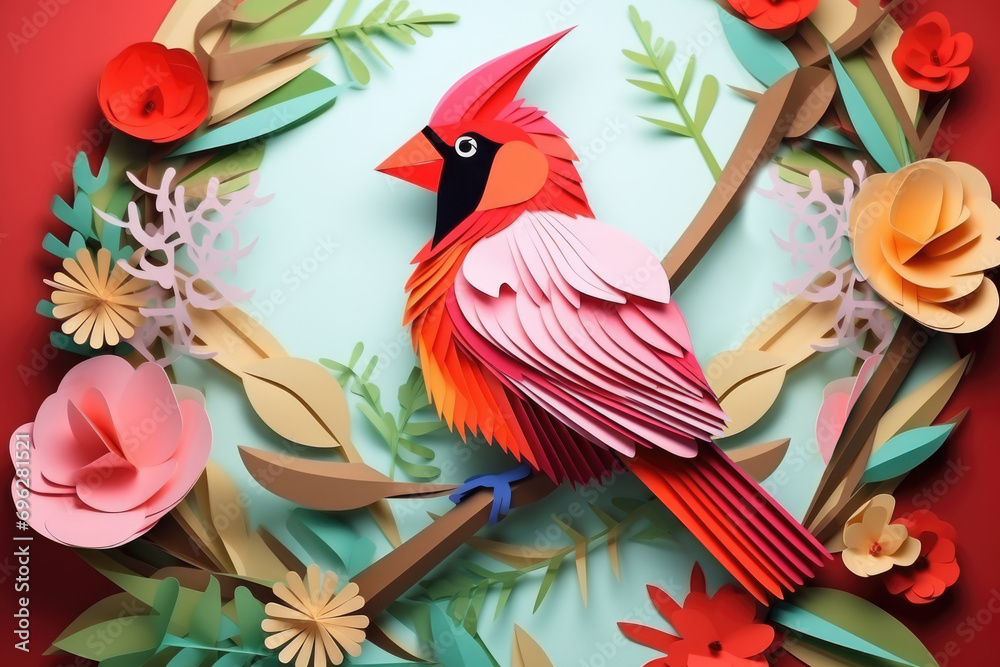 Crafted paper art bird,with vivid tones, stylized paper flowers and ...