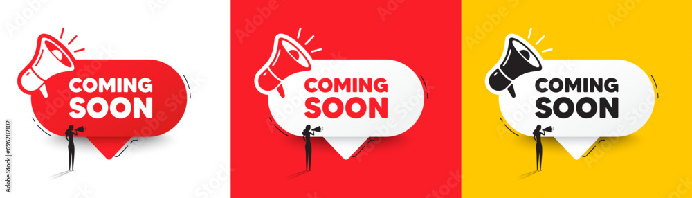 Coming soon tag. Speech bubble with megaphone and woman silhouette ...