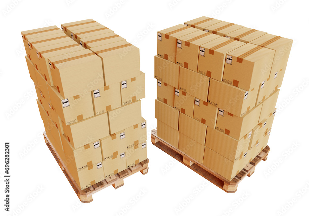 Pallets with boxes. Cardboard parcels. Pallets with cargo isolated on ...