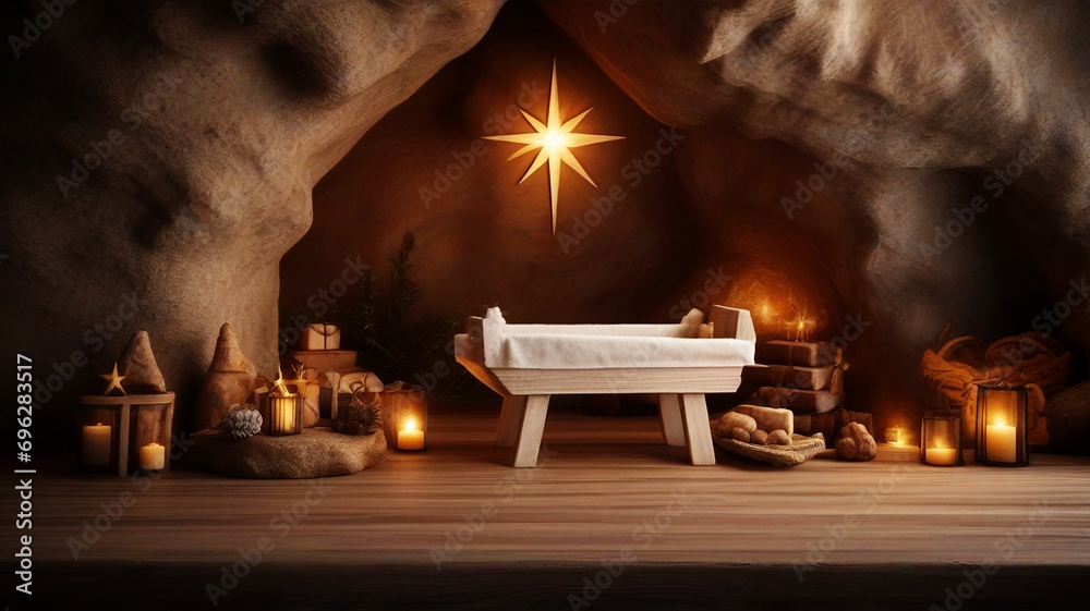 Christian Christmas scene with empty wooden manger, star of Bethlehem ...