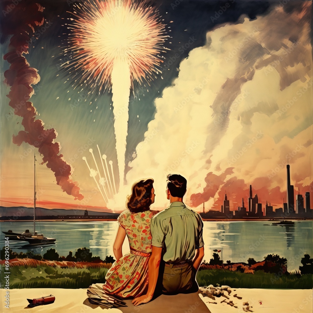 Vintage Russian propaganda poster war atomic weapons in the background ...