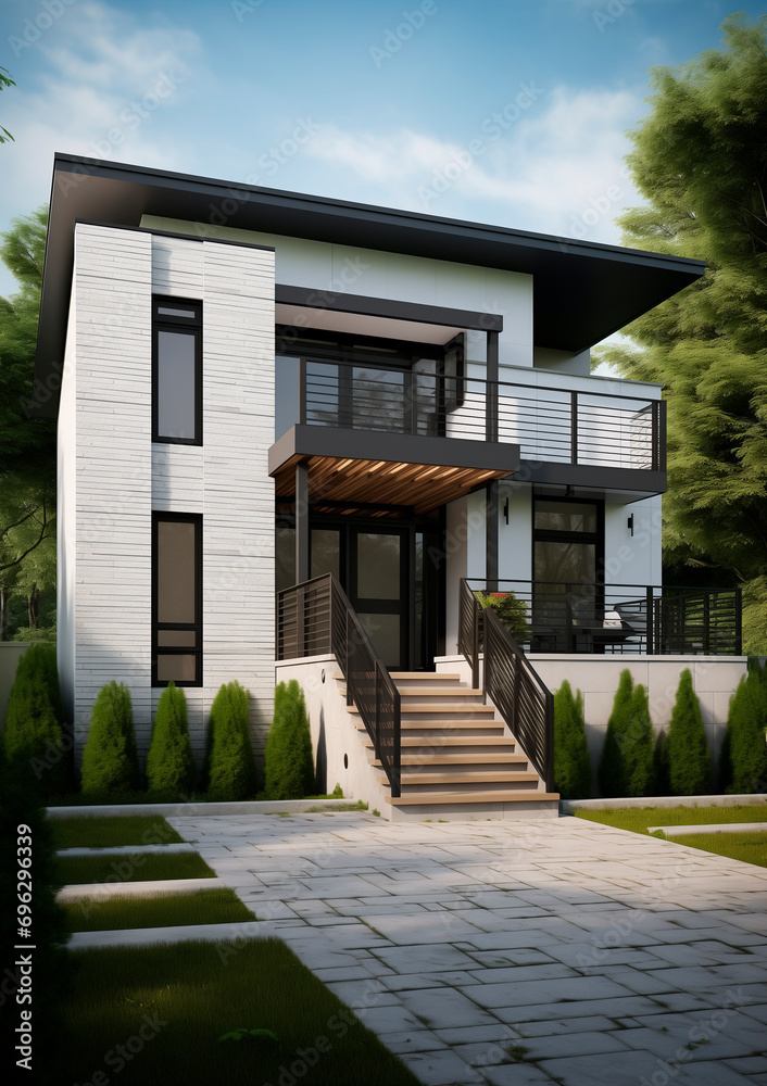 incognito construction gray/white double front house with stone path ...