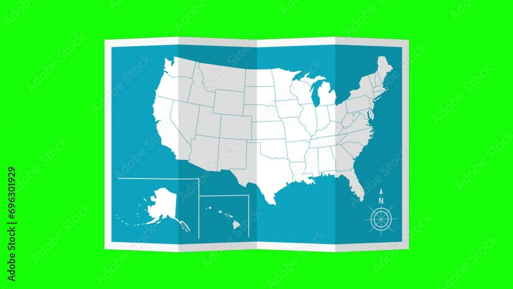 4K animation of opening quad-fold USA map ( green background for chroma ...