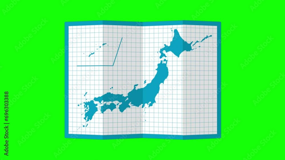 4K animation of opening quad-fold Japan map ( green background for ...