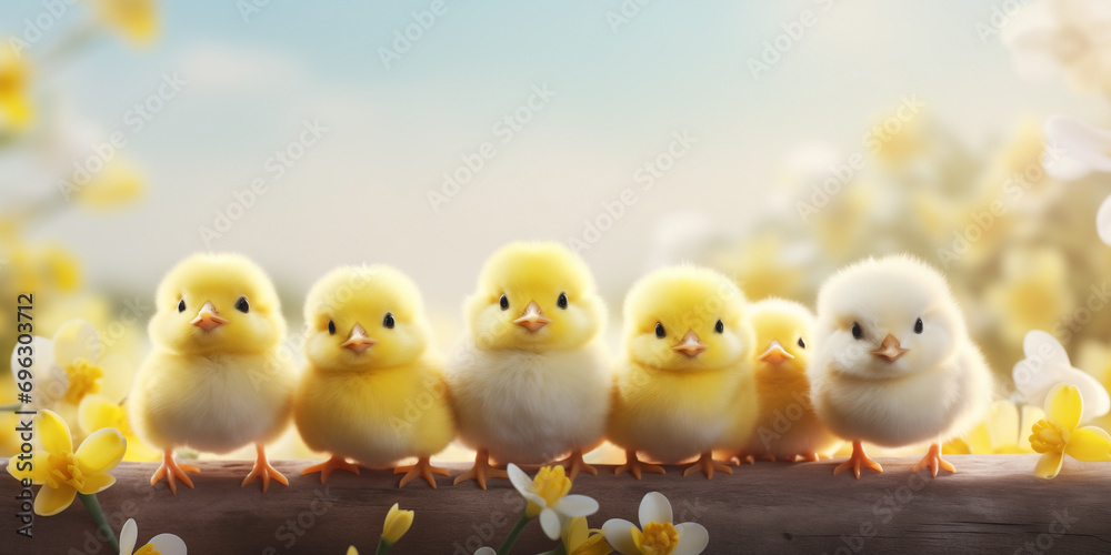 Easter frame border with yellow chicks and spring flowers and blank ...