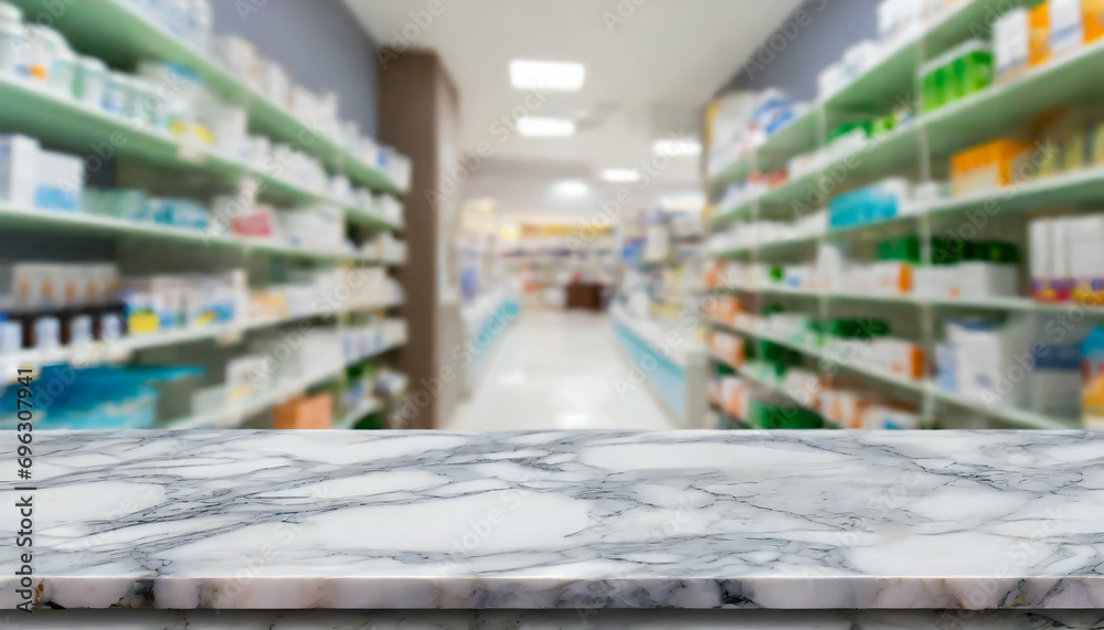 Pharmacy marble table counter with medicines health care products ...