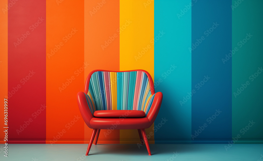 Colorful abstract furniture. Wall in front of colorful stripes, in the ...