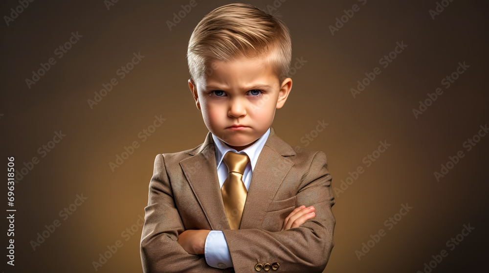 young child dressed in a formal business suit, giving a serious and ...